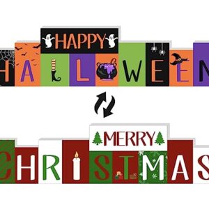 Happy Halloween Decor and Reversible Merry Christmas Decor Wood Sign, Free Standing Block, Halloween and Christmas Farmhouse Table Decor for Home Indoor Mantle Party Office Tiered Tray Decor