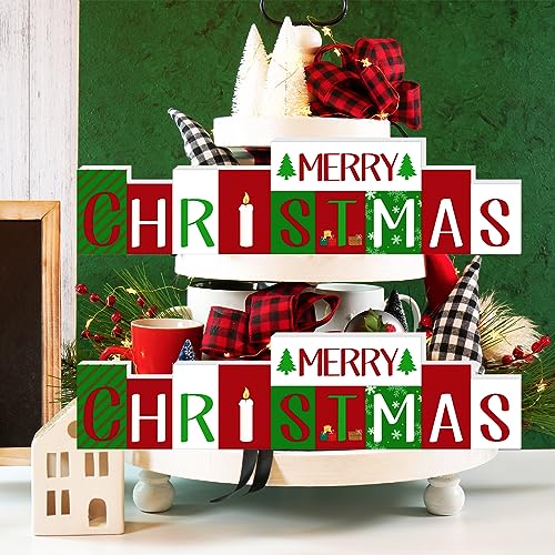 Happy Halloween Decor and Reversible Merry Christmas Decor Wood Sign, Free Standing Block, Halloween and Christmas Farmhouse Table Decor for Home Indoor Mantle Party Office Tiered Tray Decor