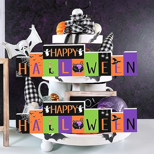 Happy Halloween Decor and Reversible Merry Christmas Decor Wood Sign, Free Standing Block, Halloween and Christmas Farmhouse Table Decor for Home Indoor Mantle Party Office Tiered Tray Decor