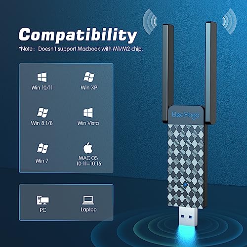 USB WiFi Adapter, ElecMoga 1300Mbps Wireless Network Adapter Dual Band 5GHz/2.4GHz WiFi Dongle USB 3.0 5dBi Antenna WiFi Adaptor for Desktop PC, Support Windows 11/10/8.1/8/7, Mac OS 10.9-10.15