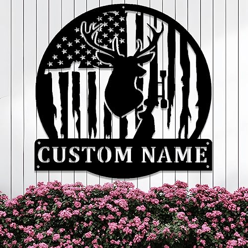 Riaeelvs Custom Hunter Family Name Metal Signs Personalized USA Flag Deer Hunting Metal Wall Art Customized Deer Buck Outdoor Wall Decor Wildlife Metal Sign Unique Gifts for Wedding Anniversary