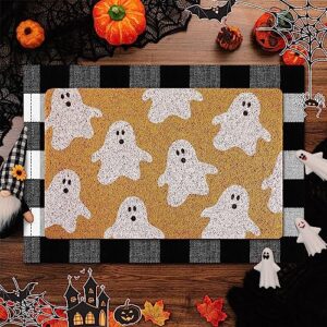 Fabbay 2 Pcs Doormat Home Imitation Coir Autumn Thanksgiving Halloween Doormat with Rubber Non Slip Backing Checkered Buffalo Plaid Rug for Layering Decor Front Door Entrance Mat (Ghost)