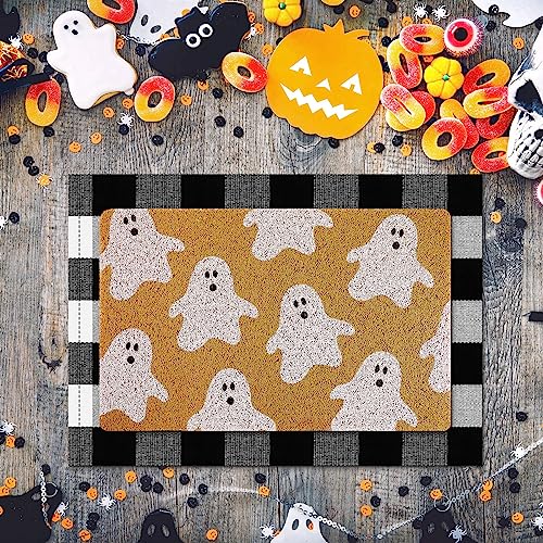 Fabbay 2 Pcs Doormat Home Imitation Coir Autumn Thanksgiving Halloween Doormat with Rubber Non Slip Backing Checkered Buffalo Plaid Rug for Layering Decor Front Door Entrance Mat (Ghost)