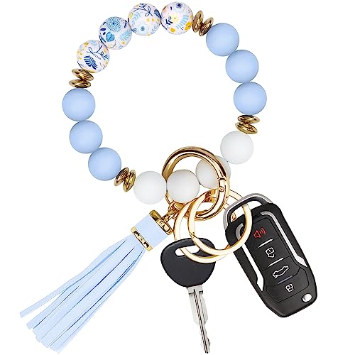 Manlosen Key Ring Bracelet Car Keychain Holder Wristlet Silicone Women Beaded Bangle Chains