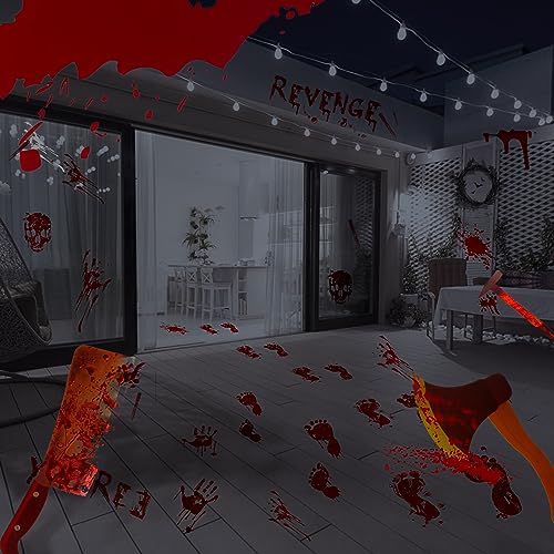 Halloween Decorations 170 PCS Halloween Window Clings, Bloody Handprint Footprint Halloween Wall Decal Floor Clings with Tattoo Stickers, Scary Halloween Decoration Window Stickers