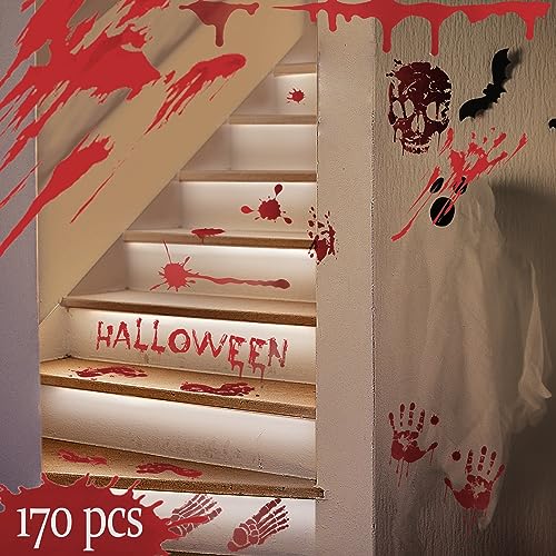 Halloween Decorations 170 PCS Halloween Window Clings, Bloody Handprint Footprint Halloween Wall Decal Floor Clings with Tattoo Stickers, Scary Halloween Decoration Window Stickers