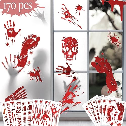 Halloween Decorations 170 PCS Halloween Window Clings, Bloody Handprint Footprint Halloween Wall Decal Floor Clings with Tattoo Stickers, Scary Halloween Decoration Window Stickers