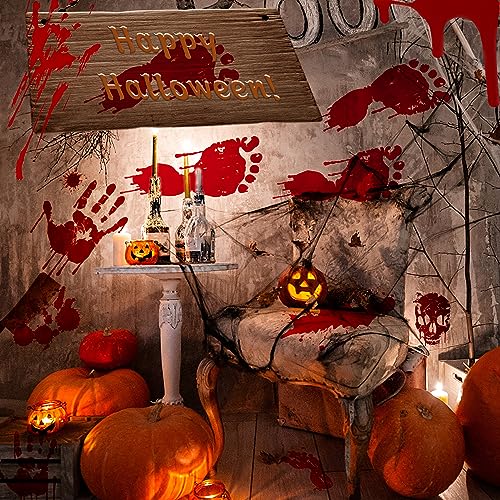 Halloween Decorations 170 PCS Halloween Window Clings, Bloody Handprint Footprint Halloween Wall Decal Floor Clings with Tattoo Stickers, Scary Halloween Decoration Window Stickers