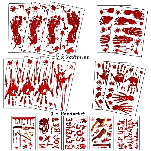 Halloween Decorations 170 PCS Halloween Window Clings, Bloody Handprint Footprint Halloween Wall Decal Floor Clings with Tattoo Stickers, Scary Halloween Decoration Window Stickers