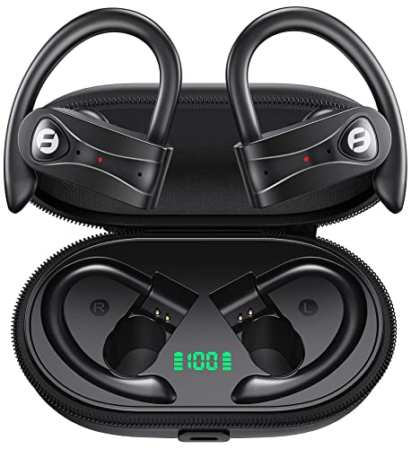 Bluetooth Headphones Noise Canceling 4 Mics Clear Call Stereo Bass Sound 60H Playtime Wireless Charging Case Over Ear Earphones LED Digital Display Headset with Earhooks for Sports Running Workout Gym