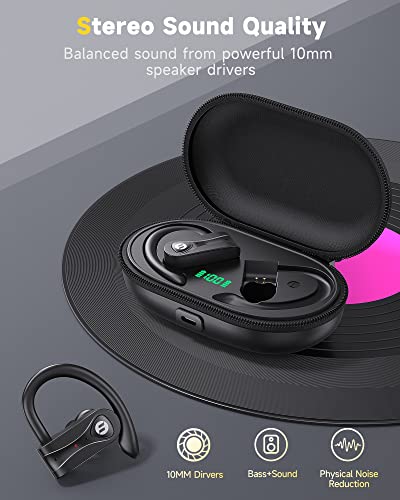 Bluetooth Headphones Noise Canceling 4 Mics Clear Call Stereo Bass Sound 60H Playtime Wireless Charging Case Over Ear Earphones LED Digital Display Headset with Earhooks for Sports Running Workout Gym