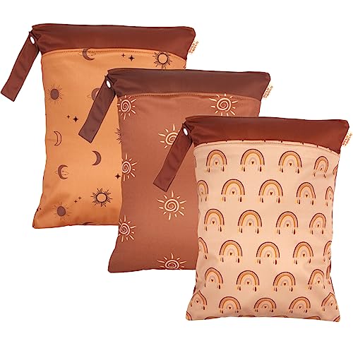 Wet Dry Bags for Baby Cloth Diapers, Waterproof Reusable Wet Dry Bag for Swimsuit and Towels, Travel, Stroller, Diapers, Toiletries, Gym Yoga Clothes Zippered Pockets & Handle Wet Bag (3 Pack)