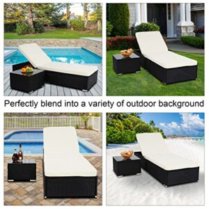 Volowoo Wicker Chaise Patio Lounge Chair, 2 Pieces Patio Chaise Lounge Chair Sets, Outdoor Beach Pool PE Rattan Reclining Chair with Table and Cushion