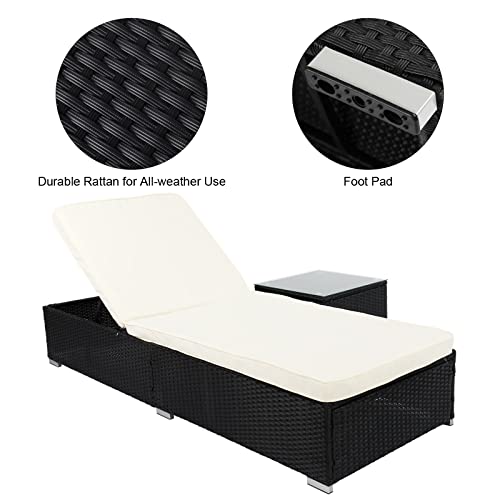 Volowoo Wicker Chaise Patio Lounge Chair, 2 Pieces Patio Chaise Lounge Chair Sets, Outdoor Beach Pool PE Rattan Reclining Chair with Table and Cushion