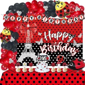 103 pcs ladybug birthday party decorations, fiesec ladybug party supplies backdrop balloon garland banner tablecloth cake cupcake topper walking balloon polka dots red black