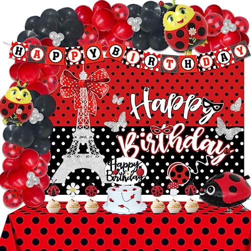 103 PCs Ladybug Birthday Party Decorations, Fiesec Ladybug Party Supplies Backdrop Balloon Garland Banner Tablecloth Cake Cupcake Topper Walking Balloon Polka Dots Red Black