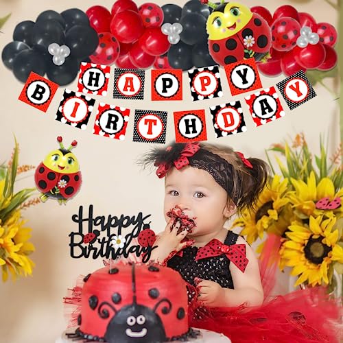 103 PCs Ladybug Birthday Party Decorations, Fiesec Ladybug Party Supplies Backdrop Balloon Garland Banner Tablecloth Cake Cupcake Topper Walking Balloon Polka Dots Red Black