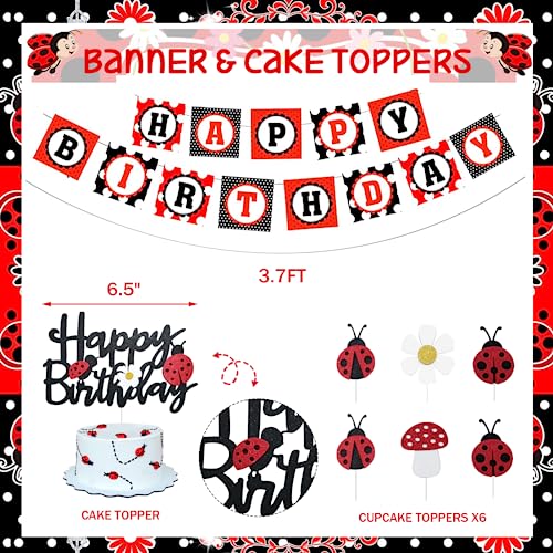 103 PCs Ladybug Birthday Party Decorations, Fiesec Ladybug Party Supplies Backdrop Balloon Garland Banner Tablecloth Cake Cupcake Topper Walking Balloon Polka Dots Red Black