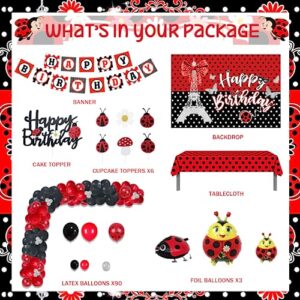 103 PCs Ladybug Birthday Party Decorations, Fiesec Ladybug Party Supplies Backdrop Balloon Garland Banner Tablecloth Cake Cupcake Topper Walking Balloon Polka Dots Red Black