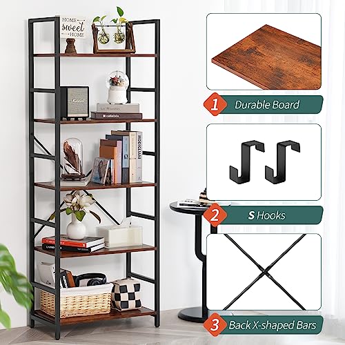 Yoobure 5 Tier Bookshelf - Tall Book Shelf Modern Bookcase for CDs/Movies/Books, Rustic Book Case Industrial Bookshelves Book Storage Organizer for Bedroom Home Office Living Room Brown