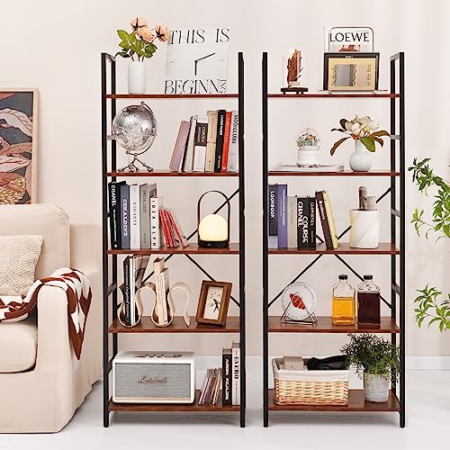 Yoobure 5 Tier Bookshelf - Tall Book Shelf Modern Bookcase for CDs/Movies/Books, Rustic Book Case Industrial Bookshelves Book Storage Organizer for Bedroom Home Office Living Room Brown