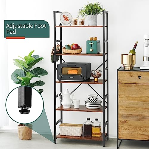 Yoobure 5 Tier Bookshelf - Tall Book Shelf Modern Bookcase for CDs/Movies/Books, Rustic Book Case Industrial Bookshelves Book Storage Organizer for Bedroom Home Office Living Room Brown