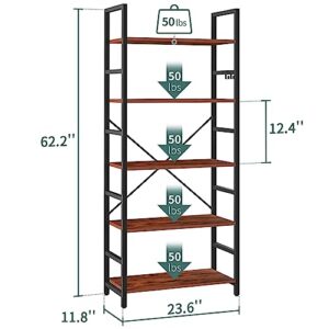 Yoobure 5 Tier Bookshelf - Tall Book Shelf Modern Bookcase for CDs/Movies/Books, Rustic Book Case Industrial Bookshelves Book Storage Organizer for Bedroom Home Office Living Room Brown