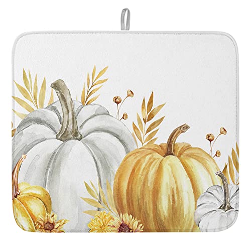 Autumn Farm Pumpkins Dish Drying Mat for Kitchen Counter, Sunflowers and Vegetable Water Absorbent Microfiber Dishes Drainer Mats Reversible Pad Coffee Bar Tableware Pads 16"x18" Fall Harvest