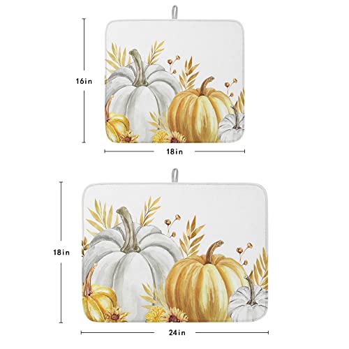 Autumn Farm Pumpkins Dish Drying Mat for Kitchen Counter, Sunflowers and Vegetable Water Absorbent Microfiber Dishes Drainer Mats Reversible Pad Coffee Bar Tableware Pads 16"x18" Fall Harvest