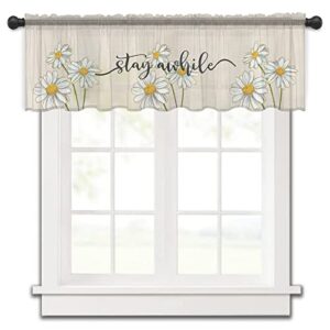 bobowuny farmhouse flower sheer window valance rod pocket valance curtain, semi sheer drapery for bedroom kitchen window decor curtains, 1 panel 54"x18" gold white daisy floral watercolor