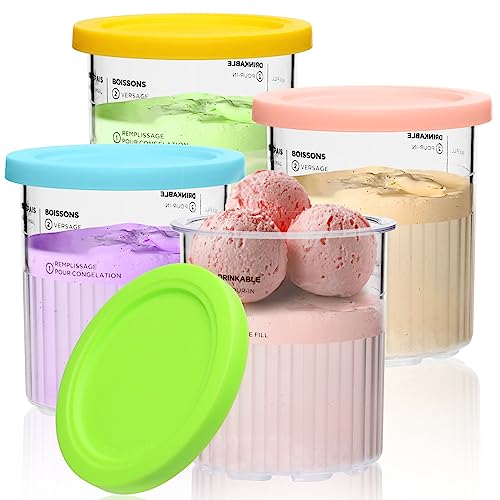 SEVEMIL Ice Cream Pints Containers, 4 Pack 24oz Cups Replacement for Ninja Deluxe Pints and Lids Compatible with NC501 NC500 Series Ice Cream Maker, Dishwasher Safe & Leak Proof Lids