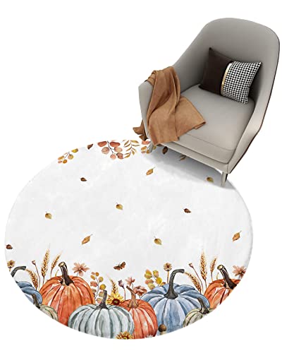 Round Fluffy Area Rug Thanksgiving Fall Pumpkin Harvest Ultra Soft Short Plush Circle Carpet Autumn Leaves Wheat on White Non-Slip Shaggy Accent Throw Rugs for Living Room Bedroom Nursery 48in