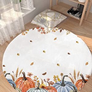 Round Fluffy Area Rug Thanksgiving Fall Pumpkin Harvest Ultra Soft Short Plush Circle Carpet Autumn Leaves Wheat on White Non-Slip Shaggy Accent Throw Rugs for Living Room Bedroom Nursery 48in