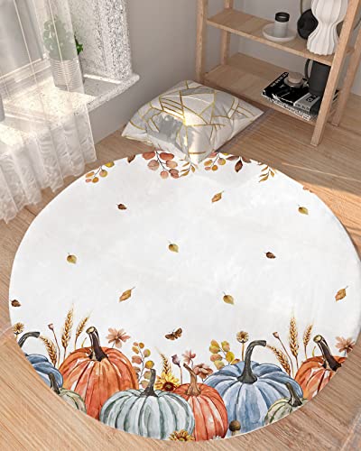 Round Fluffy Area Rug Thanksgiving Fall Pumpkin Harvest Ultra Soft Short Plush Circle Carpet Autumn Leaves Wheat on White Non-Slip Shaggy Accent Throw Rugs for Living Room Bedroom Nursery 48in