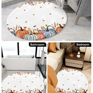 Round Fluffy Area Rug Thanksgiving Fall Pumpkin Harvest Ultra Soft Short Plush Circle Carpet Autumn Leaves Wheat on White Non-Slip Shaggy Accent Throw Rugs for Living Room Bedroom Nursery 48in