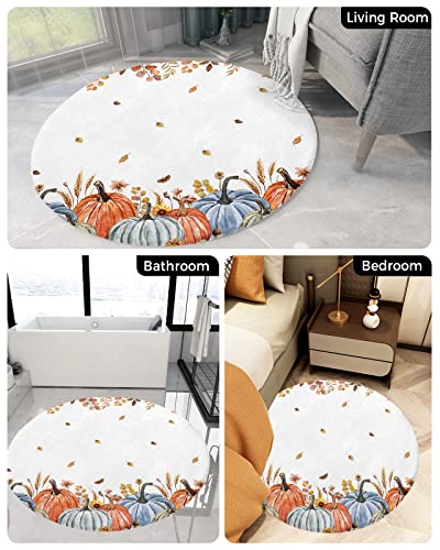 Round Fluffy Area Rug Thanksgiving Fall Pumpkin Harvest Ultra Soft Short Plush Circle Carpet Autumn Leaves Wheat on White Non-Slip Shaggy Accent Throw Rugs for Living Room Bedroom Nursery 48in