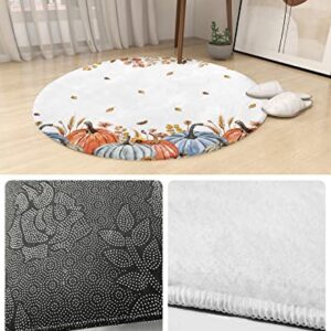 Round Fluffy Area Rug Thanksgiving Fall Pumpkin Harvest Ultra Soft Short Plush Circle Carpet Autumn Leaves Wheat on White Non-Slip Shaggy Accent Throw Rugs for Living Room Bedroom Nursery 48in