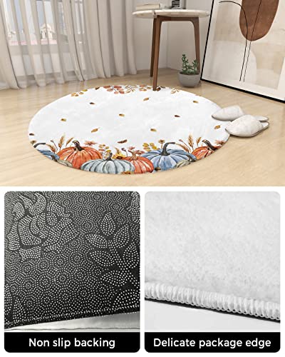 Round Fluffy Area Rug Thanksgiving Fall Pumpkin Harvest Ultra Soft Short Plush Circle Carpet Autumn Leaves Wheat on White Non-Slip Shaggy Accent Throw Rugs for Living Room Bedroom Nursery 48in