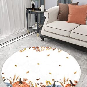 Round Fluffy Area Rug Thanksgiving Fall Pumpkin Harvest Ultra Soft Short Plush Circle Carpet Autumn Leaves Wheat on White Non-Slip Shaggy Accent Throw Rugs for Living Room Bedroom Nursery 48in