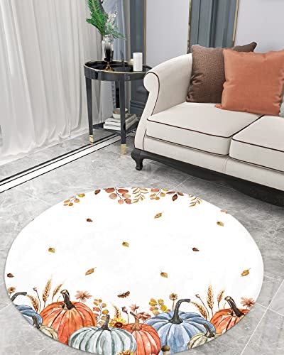 Round Fluffy Area Rug Thanksgiving Fall Pumpkin Harvest Ultra Soft Short Plush Circle Carpet Autumn Leaves Wheat on White Non-Slip Shaggy Accent Throw Rugs for Living Room Bedroom Nursery 48in