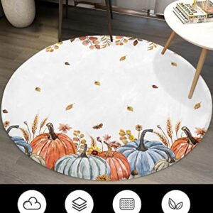 Round Fluffy Area Rug Thanksgiving Fall Pumpkin Harvest Ultra Soft Short Plush Circle Carpet Autumn Leaves Wheat on White Non-Slip Shaggy Accent Throw Rugs for Living Room Bedroom Nursery 48in