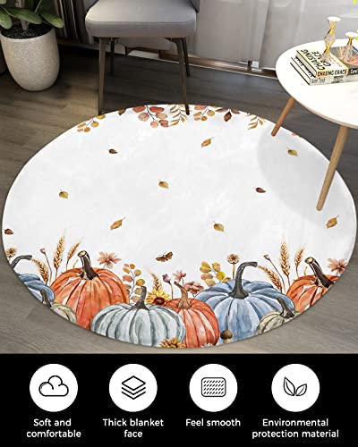 Round Fluffy Area Rug Thanksgiving Fall Pumpkin Harvest Ultra Soft Short Plush Circle Carpet Autumn Leaves Wheat on White Non-Slip Shaggy Accent Throw Rugs for Living Room Bedroom Nursery 48in