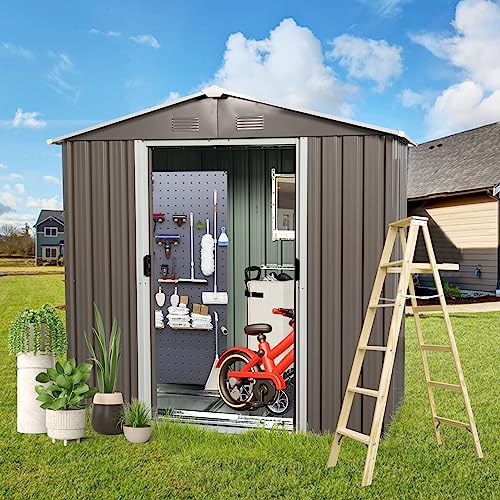 Xshelley Storage Shed Metal Outdoor Shed, 8 x 4FT Metal Shed Steel Utility Tool Shed Storage House with Hook & Lock, for Backyard Garden Patio Lawn (8X4FT-Gray with Window)