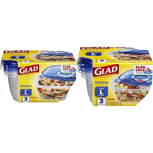 GladWare Deep Dish Food Storage Containers, 3 Count, Standard & GladWare Tall Entrée Food Storage Containers | Large Square Containers for Food Hold up to 42 Ounces of Food, 3 Count