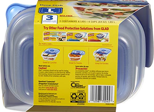 GladWare Deep Dish Food Storage Containers, 3 Count, Standard & GladWare Tall Entrée Food Storage Containers | Large Square Containers for Food Hold up to 42 Ounces of Food, 3 Count