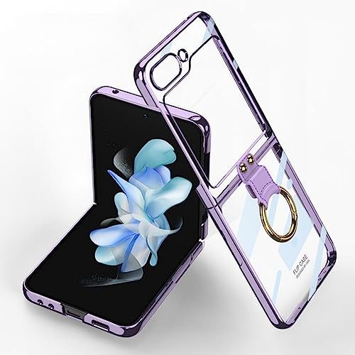 BAILI for Samsung Galaxy Z Flip5 Cover with Ring,Crystal Hard PC Galaxy Z Flip 5 Case with Small Screen HD Explosion-Proof Glass Film Transparent Cover for Samsung Galaxy Z Flip5-Purple