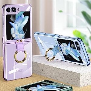 BAILI for Samsung Galaxy Z Flip5 Cover with Ring,Crystal Hard PC Galaxy Z Flip 5 Case with Small Screen HD Explosion-Proof Glass Film Transparent Cover for Samsung Galaxy Z Flip5-Purple