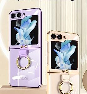 BAILI for Samsung Galaxy Z Flip5 Cover with Ring,Crystal Hard PC Galaxy Z Flip 5 Case with Small Screen HD Explosion-Proof Glass Film Transparent Cover for Samsung Galaxy Z Flip5-Purple