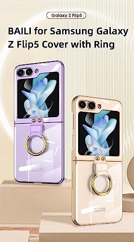 BAILI for Samsung Galaxy Z Flip5 Cover with Ring,Crystal Hard PC Galaxy Z Flip 5 Case with Small Screen HD Explosion-Proof Glass Film Transparent Cover for Samsung Galaxy Z Flip5-Purple