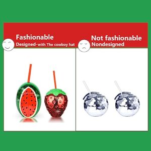 2 PCS,Watermelon and Strawberry Disco Ball Cups With Red Straw,for Party, Removable and Reusable,at The Seaside and Pool.